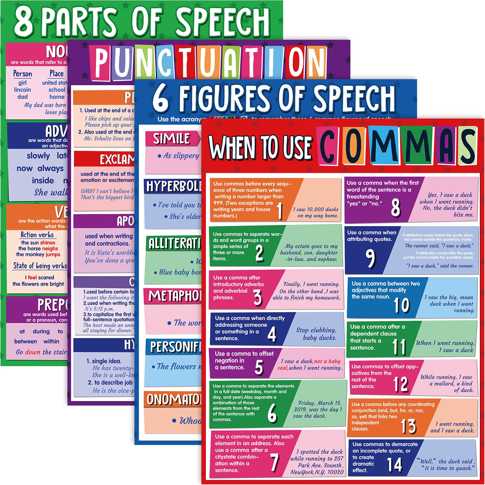 Yisong 4 Pieces Educational English Poster Grammar Figurative Language Punctuation Posters for Middle High School Classroom Decorations,17 x 22 Inches