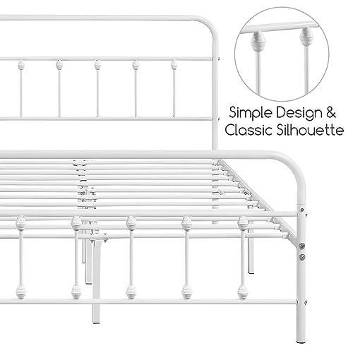 Topeakmart California King Size Victorian Style Metal Bed Frame with Headboard/Mattress Foundation/No Box Spring Needed/Under Bed Storage/Strong Slat Support White