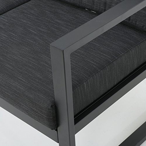 Christopher Knight Home Navan Outdoor 4-Seater Aluminum Chat Set, Silver / Dark Grey Cushions
