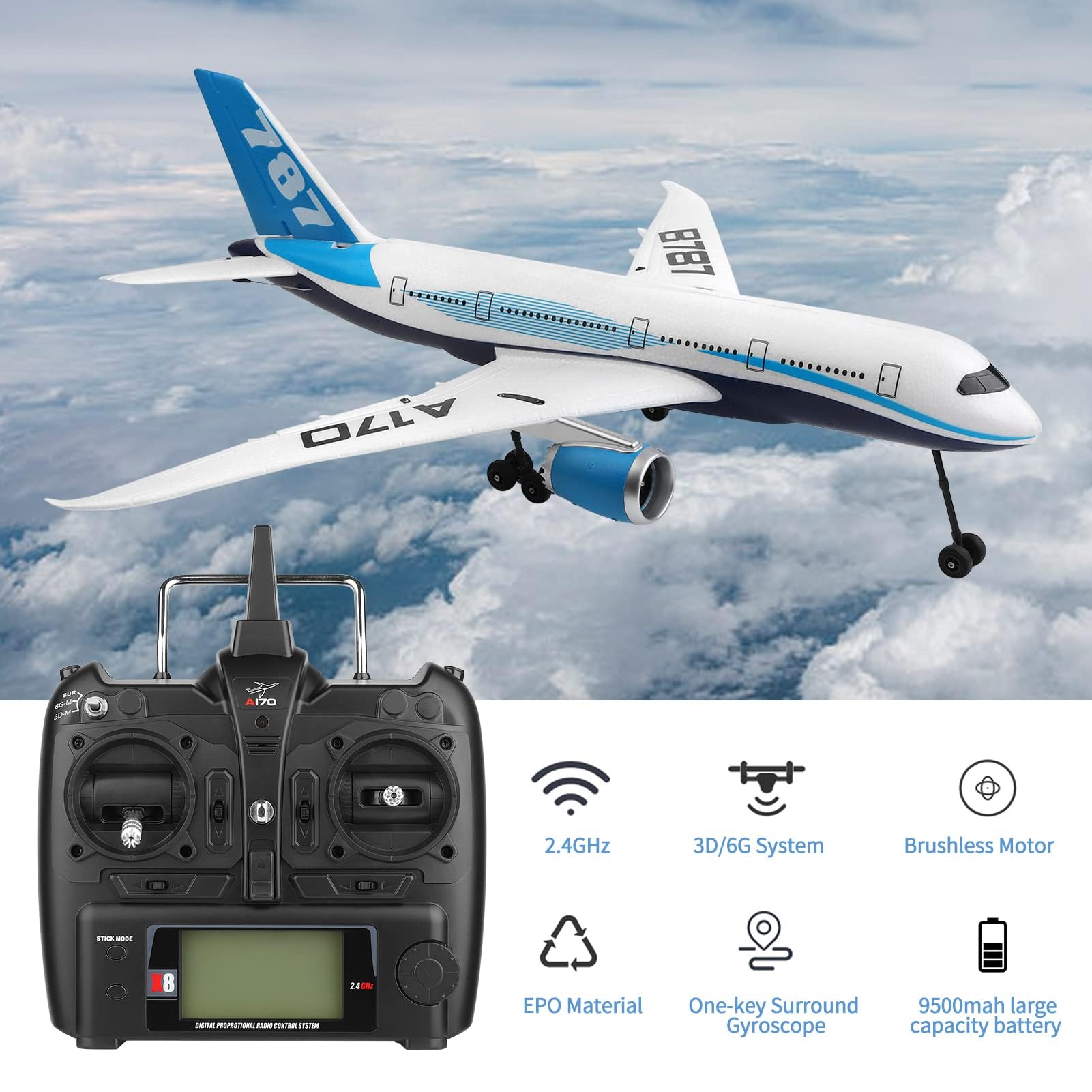 RKSTD RC Plane, 4 Channel RC Plane, 2.4Ghz RC Plane, Ready to Fly EPO Foam Material RC Glider with 6-Axis Gyroscope, Brushless Motor, Suitable for Beginners, Kids and Adults