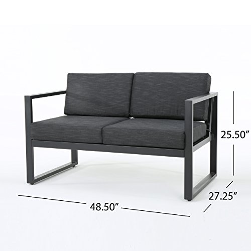 Christopher Knight Home Navan Outdoor 4-Seater Aluminum Chat Set, Silver / Dark Grey Cushions