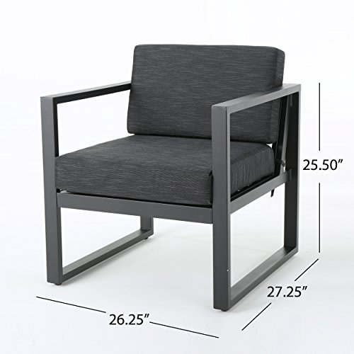 Christopher Knight Home Navan Outdoor 4-Seater Aluminum Chat Set, Silver / Dark Grey Cushions
