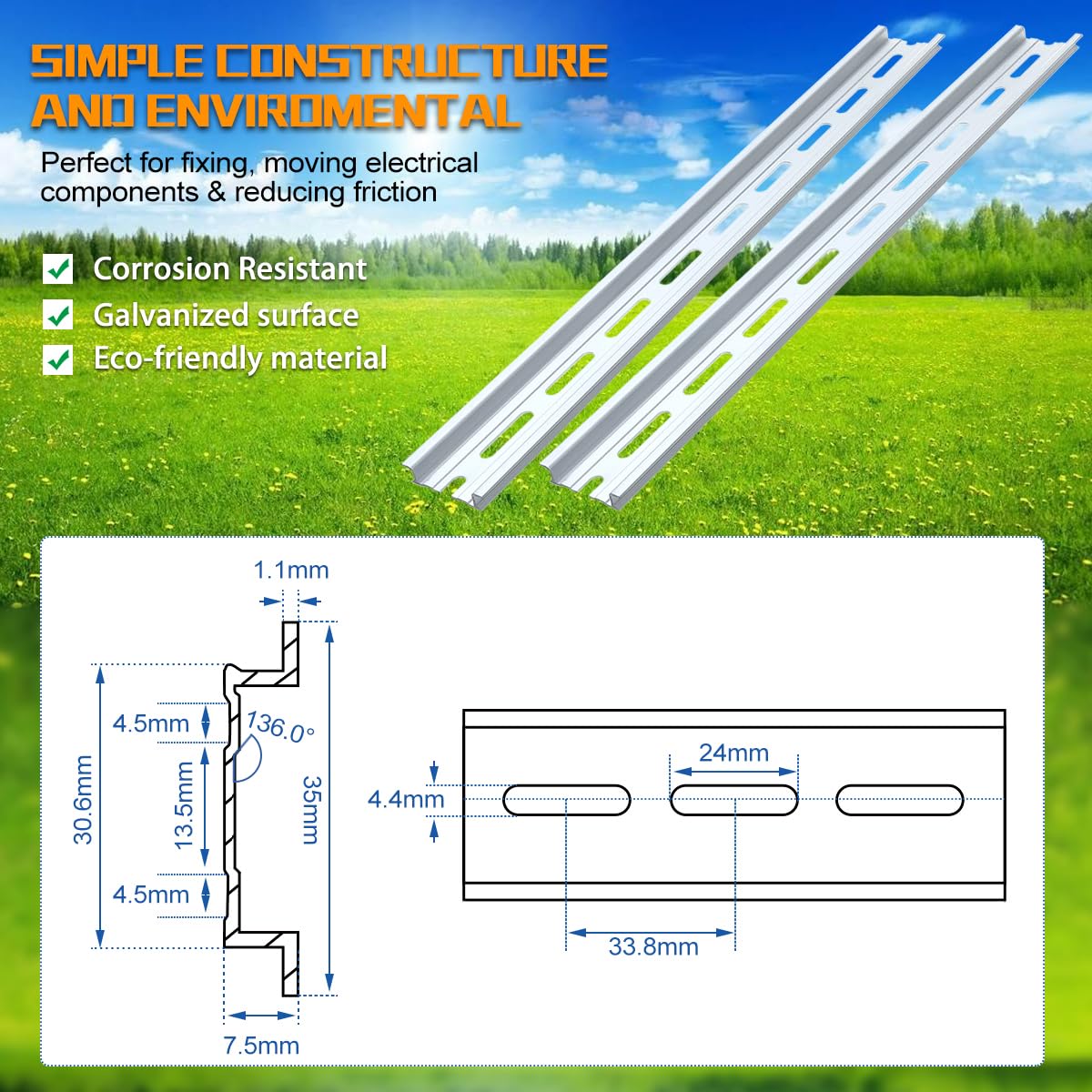 VAMRONE 6 Piece Aluminum DIN Rails, 4 Inches Long, 35mm Wide, 7.5mm High, Top Hat Slotted DIN Rail with RoHS, Extra Premium Screws Included for Hardware Components Mounting