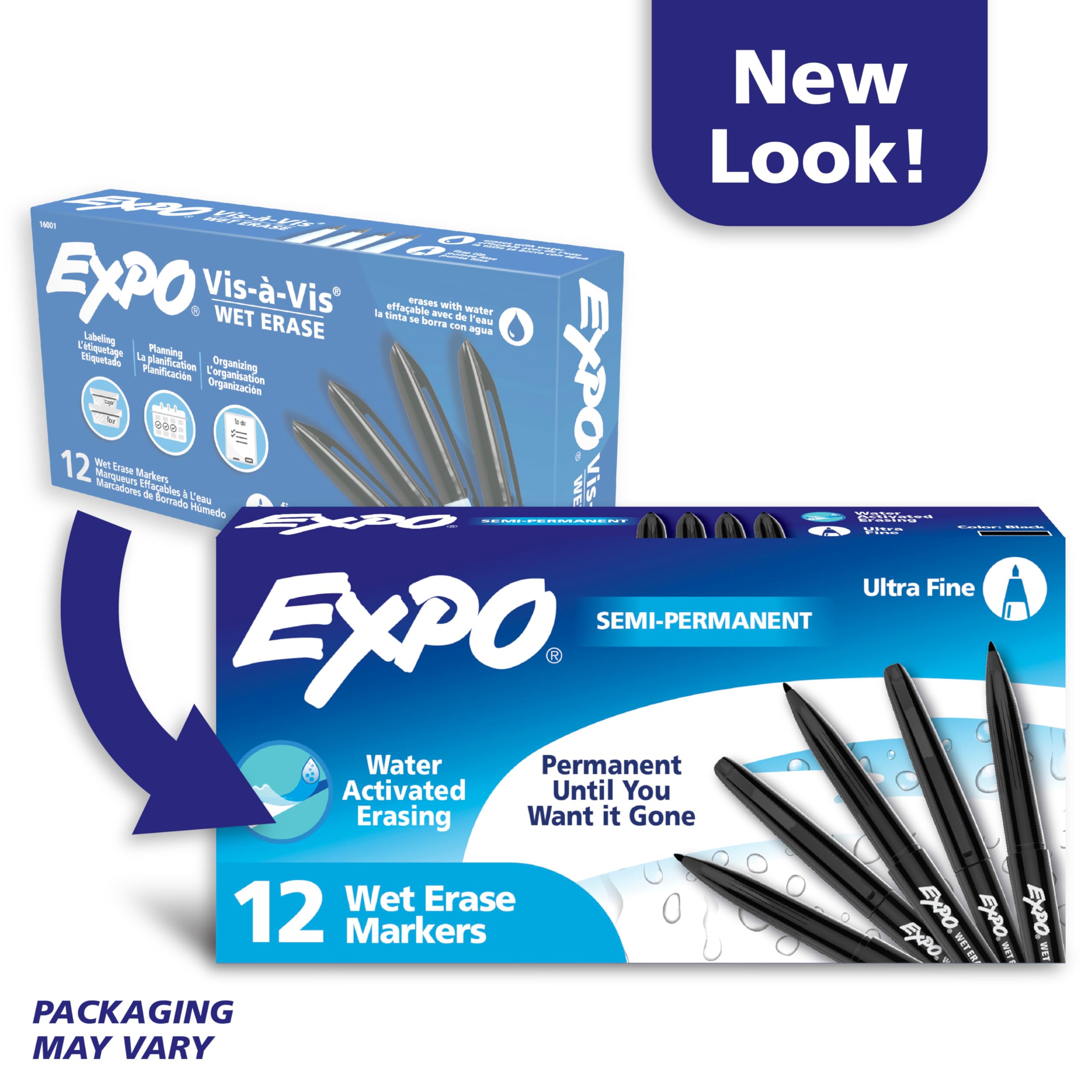 EXPO Vis-a-Vis Wet Erase Markers, Fine Point, Black, 12 Count