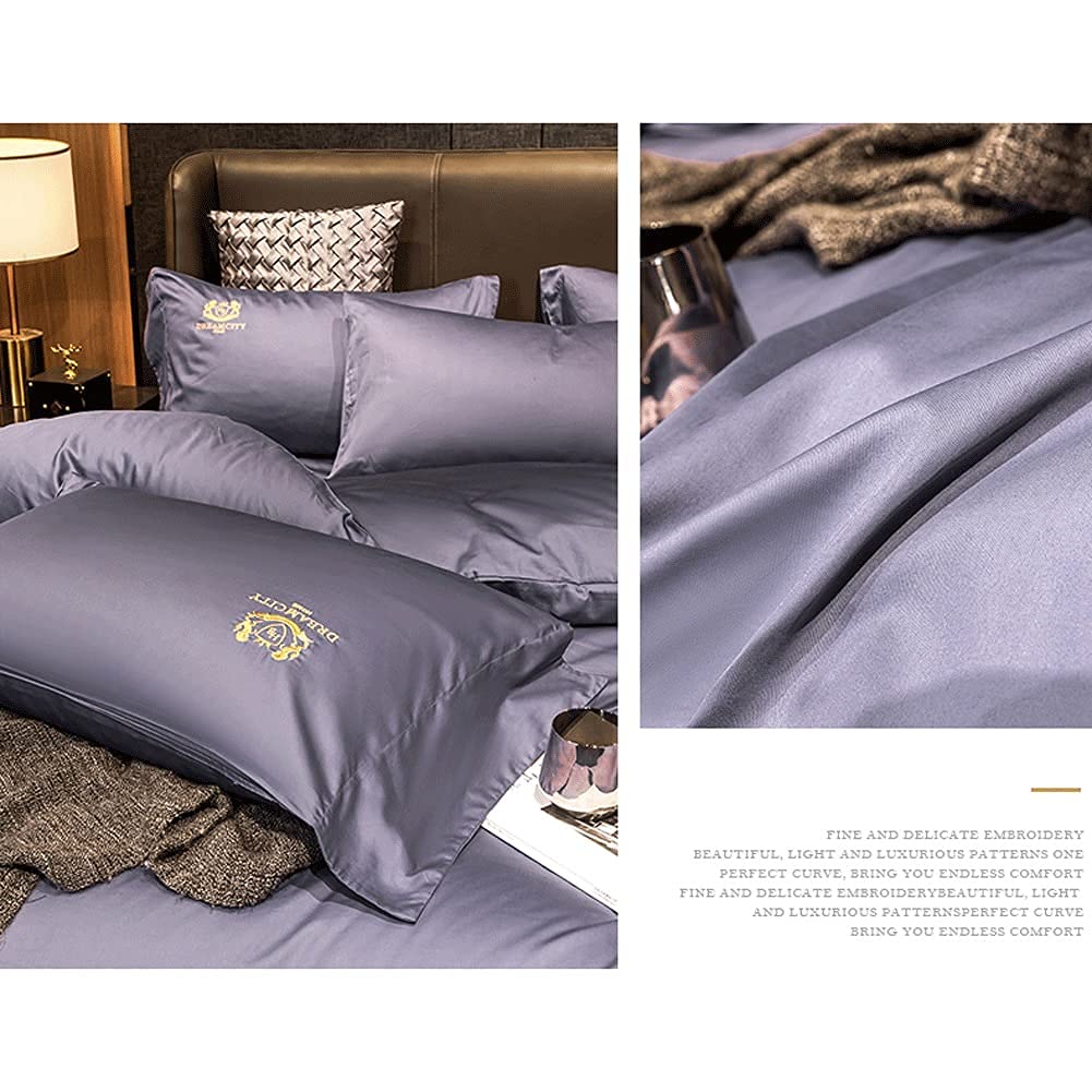 Wrinkle Stain Resistant Four Piece Bed Set Luxury Satin Sheet 4 Pcs King Set Sateen Long-Staple Cotton Embroidery Bed Sheet Set Queen Size Sheet Set (Purple 200x230cm)