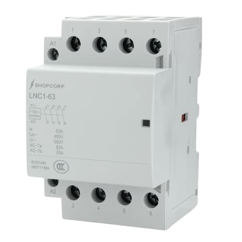 Shopcorp 40 Amp 4 Pole Normally Open (NO). IEC 400V Contactor (Silent Operation) – 110/120VAC Coil, 40a contactor Motor Load and Lighting Load 60A with Mounting Base for DIN Rail