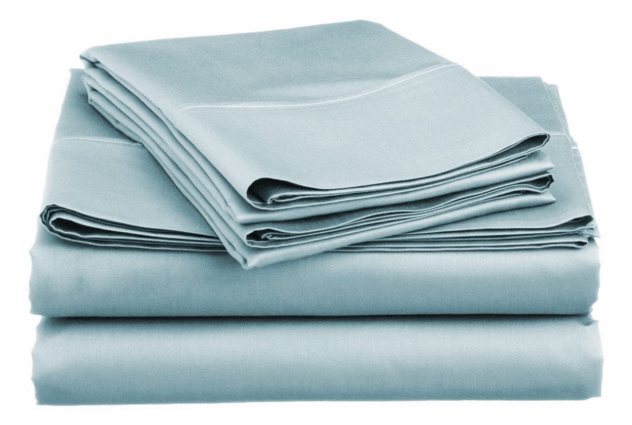 OnlineSmartDeals-100% Egyptain Cotton 3PC - 1 Flat Sheets with 2 Pillowcases 600 Thread Count Sateen Weave & Easy to Wash Twin Flat Sheet(66" x 96"), LightBlueSolid