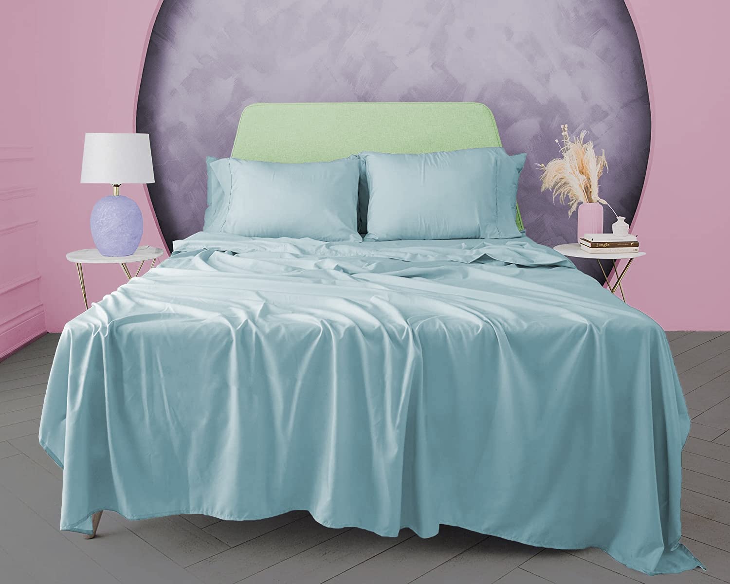 OnlineSmartDeals-100% Egyptain Cotton 3PC - 1 Flat Sheets with 2 Pillowcases 600 Thread Count Sateen Weave & Easy to Wash Twin Flat Sheet(66" x 96"), LightBlueSolid