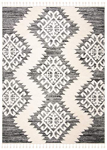 SAFAVIEH Moroccan Tassel Shag Collection 8' x 10' Ivory/Grey MTS652F Boho Non-Shedding Living Room Bedroom Dining Room Entryway Plush 2-inch Thick Area Rug