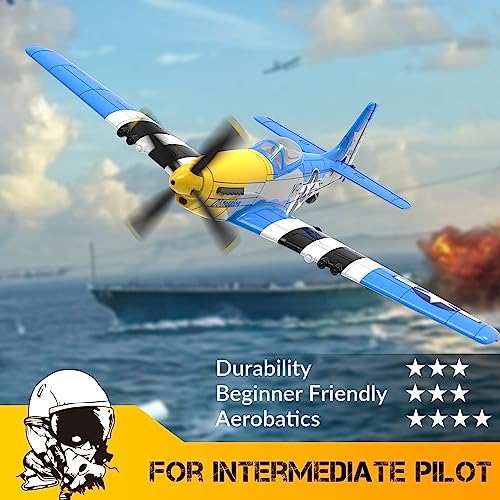 VOLANTEXRC RC Plane P51D Mustang RTF for Beginners, 2.4Ghz 4CH Remote Control Airplane Easy to Fly with Gyro Stabilization, Outdoor Hobby WWII Toy Gift for Kids & Adults (Blue)