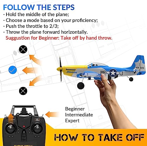 VOLANTEXRC RC Plane P51D Mustang RTF for Beginners, 2.4Ghz 4CH Remote Control Airplane Easy to Fly with Gyro Stabilization, Outdoor Hobby WWII Toy Gift for Kids & Adults (Blue)