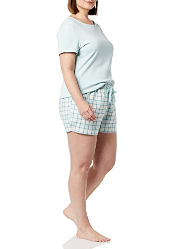 Amazon Essentials Women's Lightweight Flannel Short and Cotton T-Shirt Sleep Set, Light Blue Plaid, Small