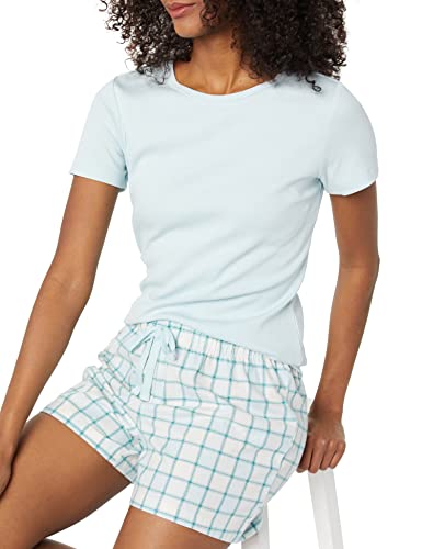 Amazon Essentials Women's Lightweight Flannel Short and Cotton T-Shirt Sleep Set, Light Blue Plaid, Small
