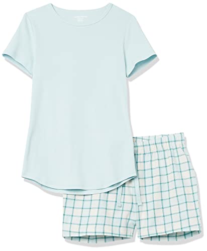 Amazon Essentials Women's Lightweight Flannel Short and Cotton T-Shirt Sleep Set, Light Blue Plaid, Small