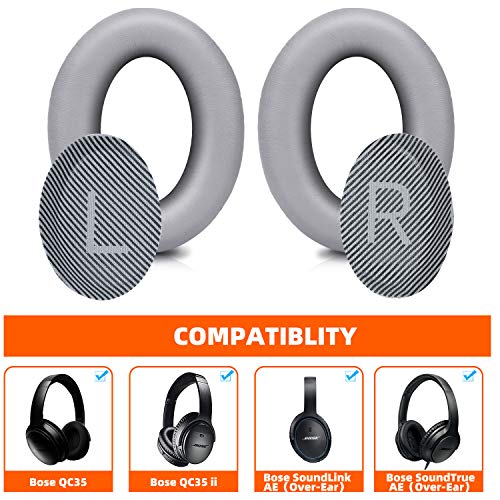 Premium Replacement Ear Pads for Bose QC35 & QC35ii Headphones Made by GEVO- Comfortable Adaptive Memory Foam and Extra Durable - Fits QuietComfort 35 & 35ii / SoundLink 1&2 AE(Over-Ear) (Silver)