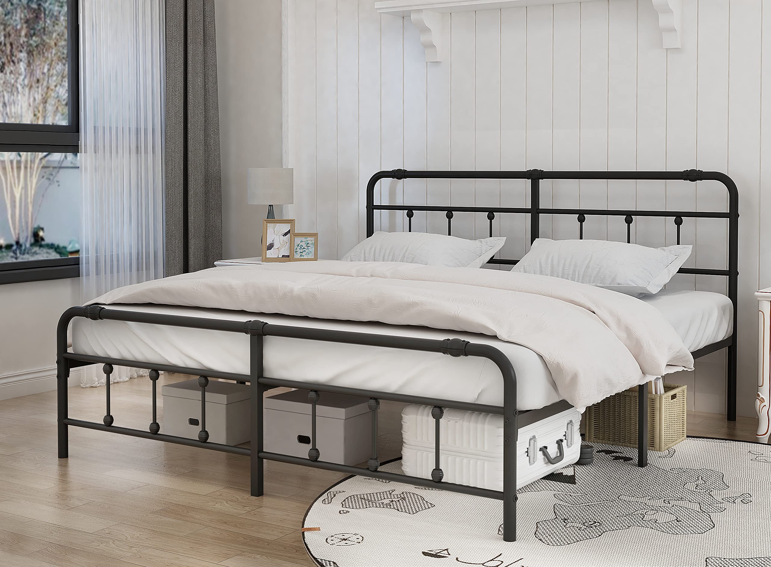 California-King-Size Platform Bed-Frame with-Headboard & Footboard - Easy Assembly Metal Mattress-Foundation Victorian Vintage Style no Box Spring Needed 13inch Storage with Decoration Ball(Black)