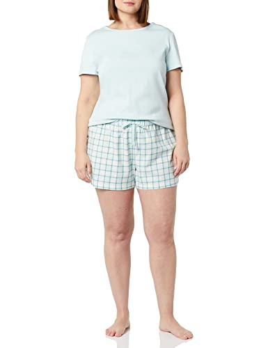 Amazon Essentials Women's Lightweight Flannel Short and Cotton T-Shirt Sleep Set, Light Blue Plaid, Small