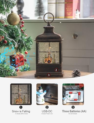 10.5" Christmas Snow Globe Lantern, Music Box, Rotating Snowflake Glitter Water Light with Timer, USB and Battery Powered Decoration (Church Christmas Tree)