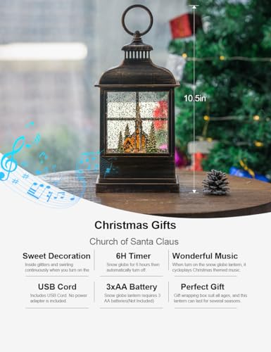 10.5" Christmas Snow Globe Lantern, Music Box, Rotating Snowflake Glitter Water Light with Timer, USB and Battery Powered Decoration (Church Christmas Tree)