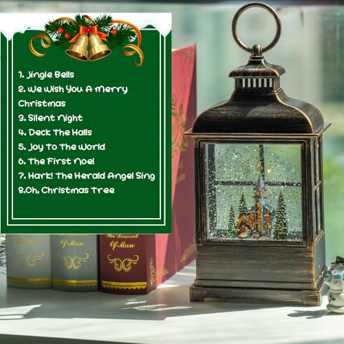 10.5" Christmas Snow Globe Lantern, Music Box, Rotating Snowflake Glitter Water Light with Timer, USB and Battery Powered Decoration (Church Christmas Tree)