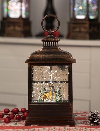 10.5" Christmas Snow Globe Lantern, Music Box, Rotating Snowflake Glitter Water Light with Timer, USB and Battery Powered Decoration (Church Christmas Tree)