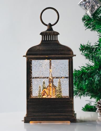 10.5" Christmas Snow Globe Lantern, Music Box, Rotating Snowflake Glitter Water Light with Timer, USB and Battery Powered Decoration (Church Christmas Tree)