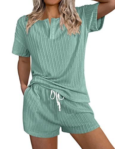 Ekouaer Ribbed Knit Lounge Sets for Women 2 Piece Outfits Short Sleeve Top and Shorts Pajama Sets Tracksuit Sweatsuits Green