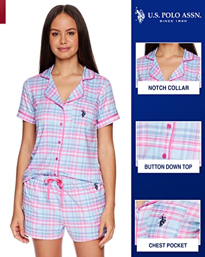 U.S. Polo Assn. Summer Pajamas for Women - Woven PJ Set with Button Up Top and Shorts - Lounge Sets for Women Light Blue, Large