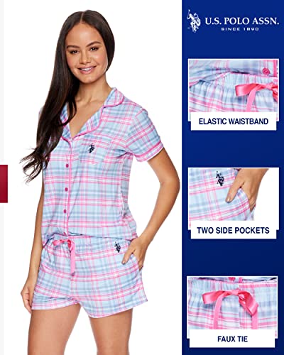 U.S. Polo Assn. Summer Pajamas for Women - Woven PJ Set with Button Up Top and Shorts - Lounge Sets for Women Light Blue, Large