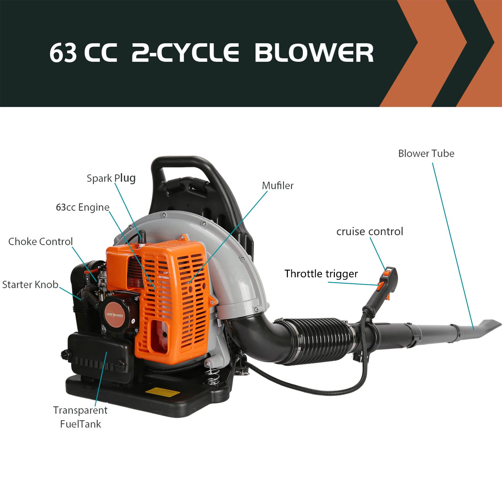 665 CFM Leaf Blower, Gas Blower, Electric Leaf Blower for Lawn Care, Backpack Blower, 1 Set Leaf Blower 2-Stroke Engine Multi-purpose 63 Cubic Centimeter High Strength Snow Blower for Outdoor (Orange)