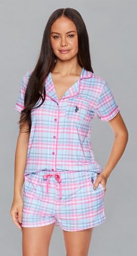 U.S. Polo Assn. Summer Pajamas for Women - Woven PJ Set with Button Up Top and Shorts - Lounge Sets for Women Light Blue, Large