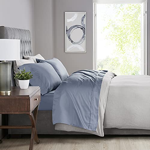 Gracie Mills Cotton and Polyester Cross Weave Sateen 4 Piece Sheet Set, Blue - King