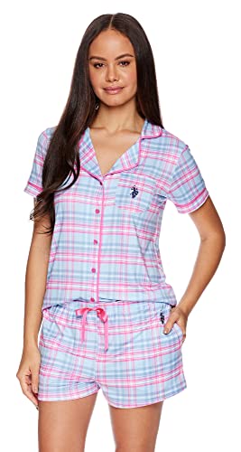 U.S. Polo Assn. Summer Pajamas for Women - Woven PJ Set with Button Up Top and Shorts - Lounge Sets for Women Light Blue, Large