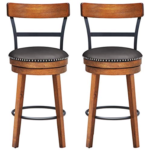 COSTWAY Bar Stools Set of 2, 360-Degree Swivel Stools with Leather Padded Seat, Single Slat Ladder Back & Solid Rubber Wood Legs, Counter Height Stools for Pub, Restaurant, Kitchen, Brown (2, 25.5)