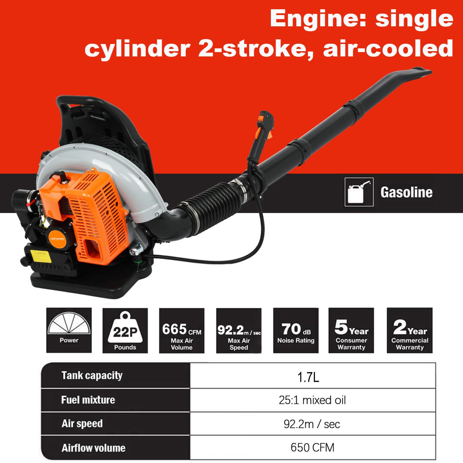 665 CFM Leaf Blower, Gas Blower, Electric Leaf Blower for Lawn Care, Backpack Blower, 1 Set Leaf Blower 2-Stroke Engine Multi-purpose 63 Cubic Centimeter High Strength Snow Blower for Outdoor (Orange)