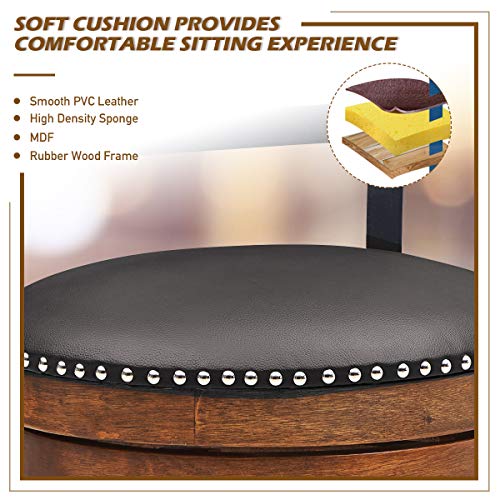 COSTWAY Bar Stools Set of 2, 360-Degree Swivel Stools with Leather Padded Seat, Single Slat Ladder Back & Solid Rubber Wood Legs, Counter Height Stools for Pub, Restaurant, Kitchen, Brown (2, 25.5)
