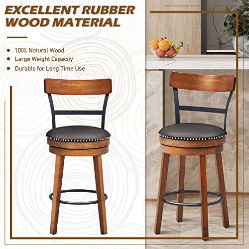COSTWAY Bar Stools Set of 2, 360-Degree Swivel Stools with Leather Padded Seat, Single Slat Ladder Back & Solid Rubber Wood Legs, Counter Height Stools for Pub, Restaurant, Kitchen, Brown (2, 25.5)