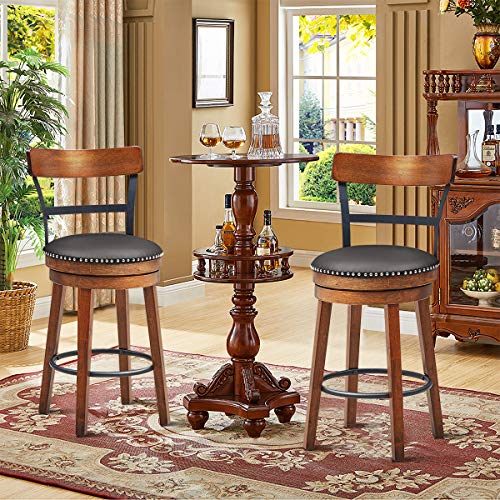 COSTWAY Bar Stools Set of 2, 360-Degree Swivel Stools with Leather Padded Seat, Single Slat Ladder Back & Solid Rubber Wood Legs, Counter Height Stools for Pub, Restaurant, Kitchen, Brown (2, 25.5)