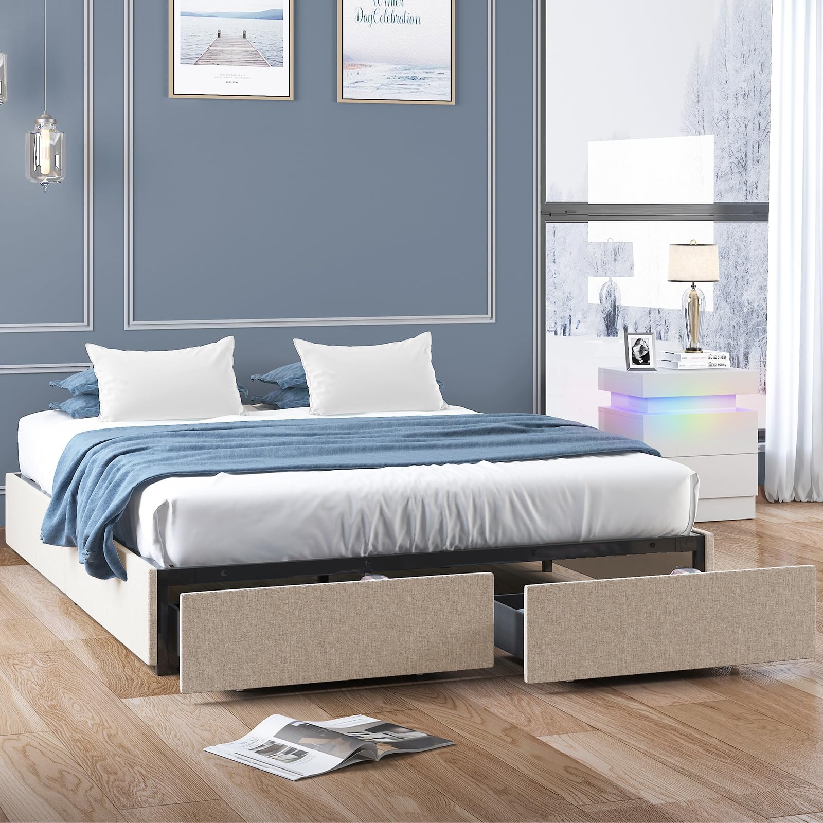 ijuicy Cal King Size Bed Frame with Storage Drawers, Wood Slat Support Bed Frame, Linen Fabric Upholstered Platform Bed, Bed Frame with Large Storage Space,Easy Assembly-Beige