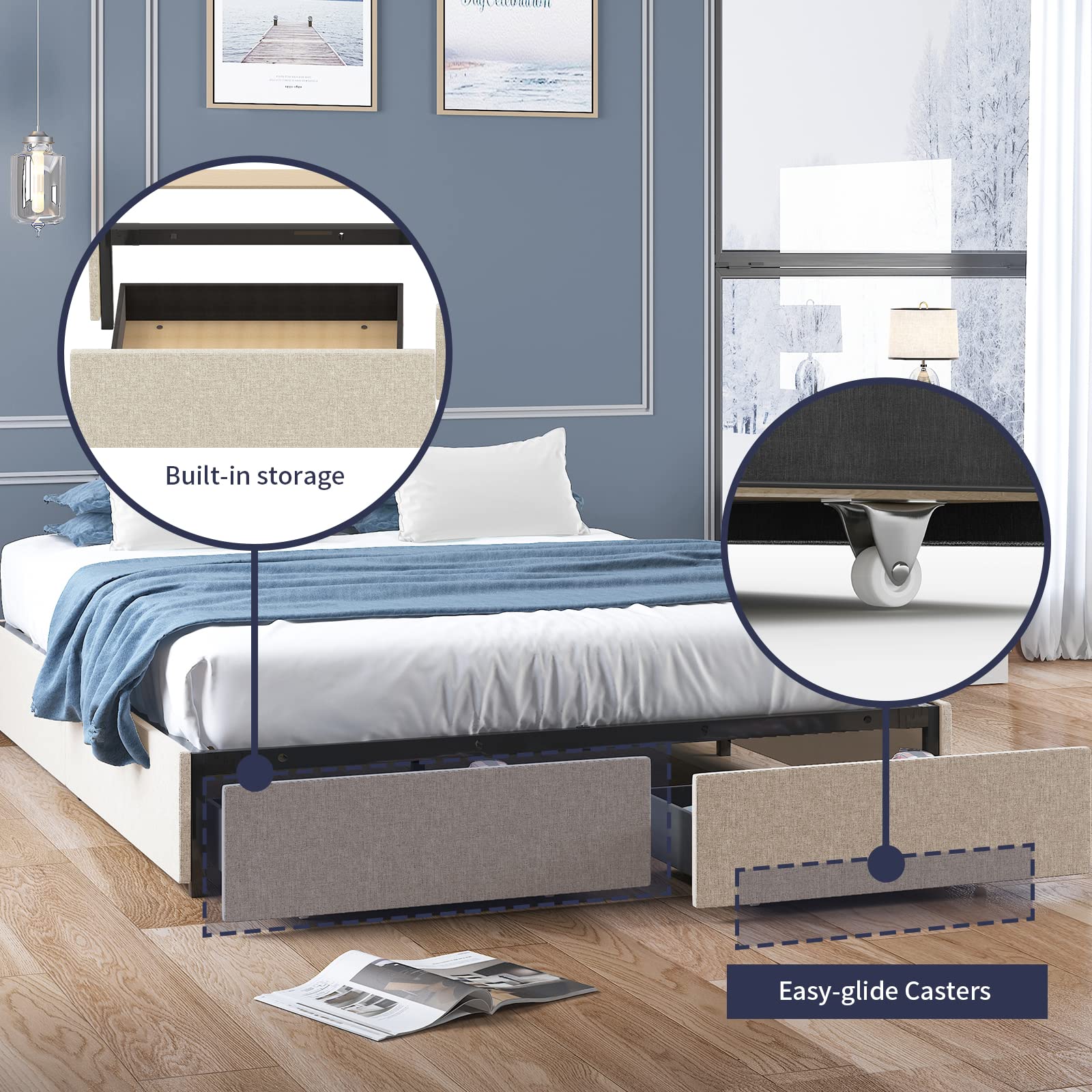 ijuicy Cal King Size Bed Frame with Storage Drawers, Wood Slat Support Bed Frame, Linen Fabric Upholstered Platform Bed, Bed Frame with Large Storage Space,Easy Assembly-Beige