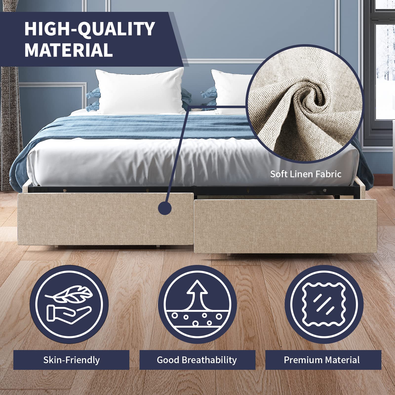 ijuicy Cal King Size Bed Frame with Storage Drawers, Wood Slat Support Bed Frame, Linen Fabric Upholstered Platform Bed, Bed Frame with Large Storage Space,Easy Assembly-Beige
