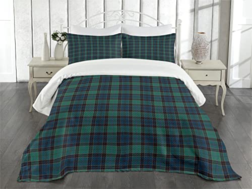 Ambesonne Tartan Bedspread, Traditional Quilt Design Scottish Folklore Elements Plaid Pattern, Decorative Quilted 3 Piece Coverlet Set with 2 Pillow Shams, King Size, Green Black
