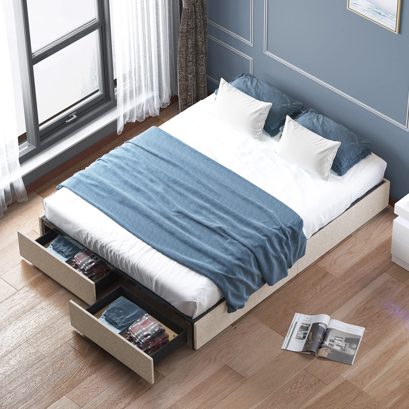 ijuicy Cal King Size Bed Frame with Storage Drawers, Wood Slat Support Bed Frame, Linen Fabric Upholstered Platform Bed, Bed Frame with Large Storage Space,Easy Assembly-Beige