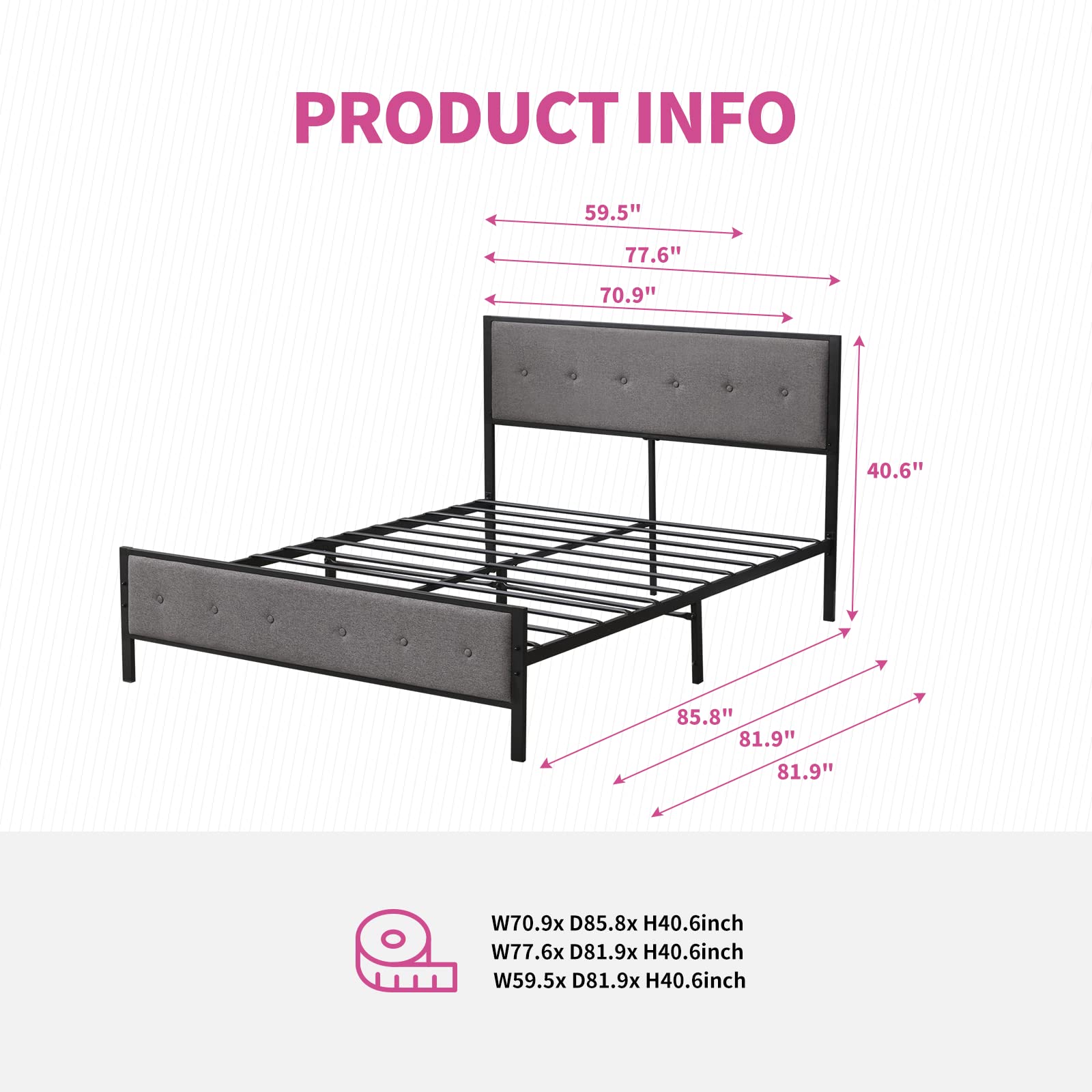 Mixoy Cal King Size Modern Metal Bed Frame with Linen Headboard, Platform Bed with Metal Slat Support, Noise Free, No Box Spring Needed(Cal King/Dark Grey)