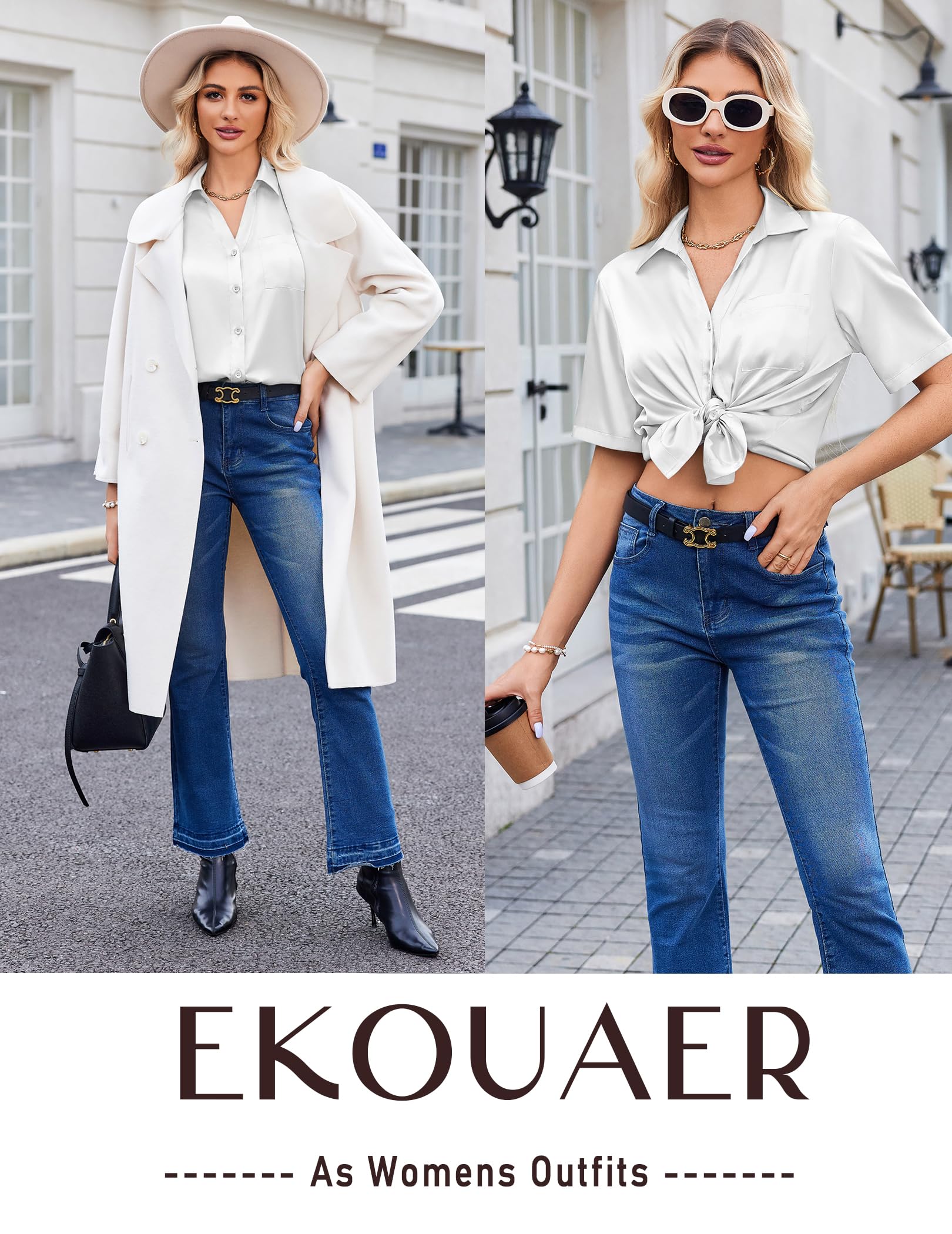 Ekouaer Womens Silk Satin Pajama Sets 2 Piece Pjs Button Down Sleepwear Wide Leg Long Pants Loungewear with Pockets White