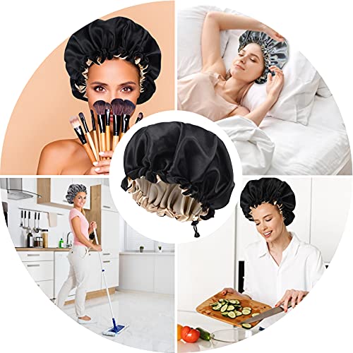 SUNLAND Satin Bonnet Hair Bonnet Silky Sleeping Cap Adjustable Satin Cap for Night Sleeping Hair Wrap Reversible Double Layer Black 2Pack