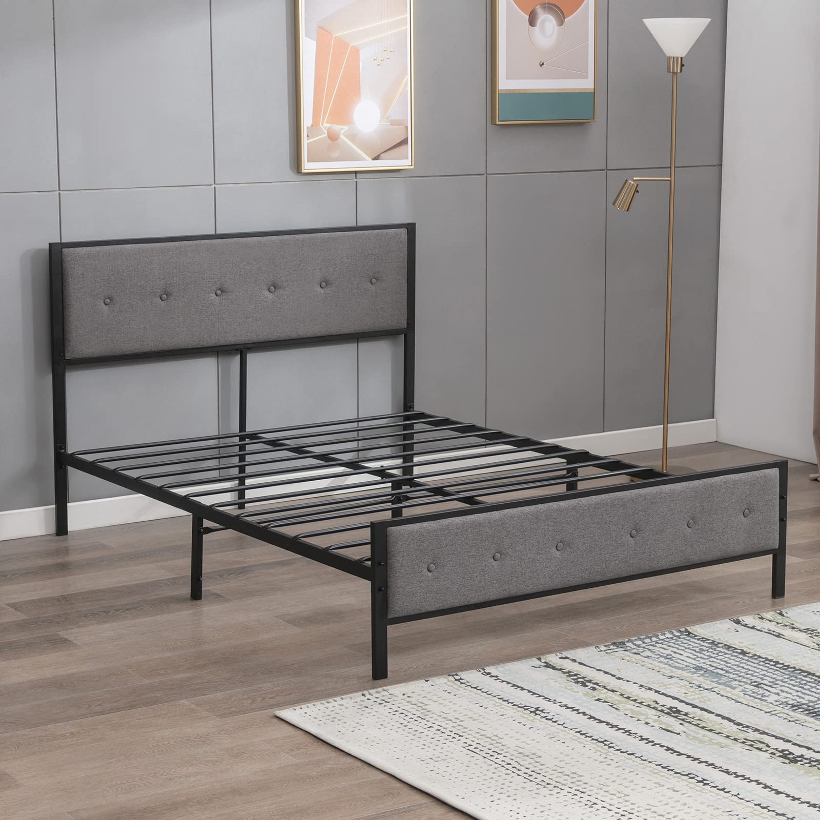Mixoy Cal King Size Modern Metal Bed Frame with Linen Headboard, Platform Bed with Metal Slat Support, Noise Free, No Box Spring Needed(Cal King/Dark Grey)