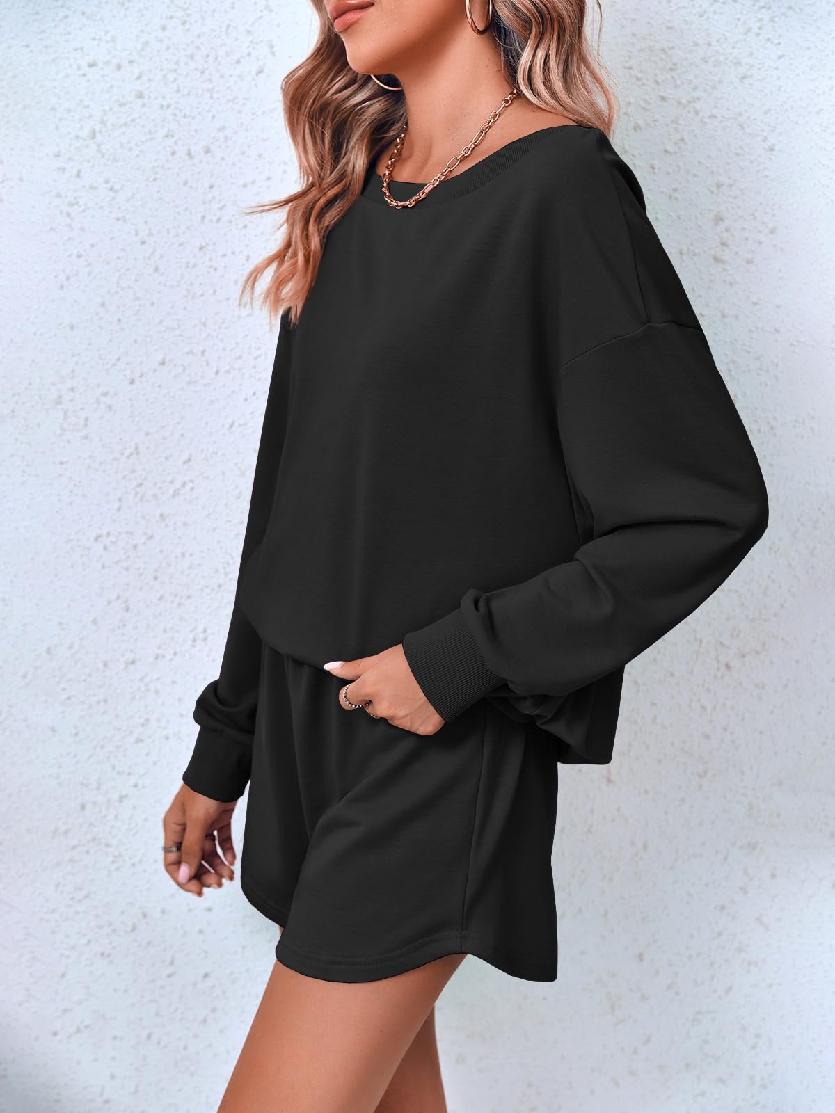 Fisoew Womens 2 Pieces Pajama Sets Long Sleeve Crop Top and Wide Leg Pants Set Black