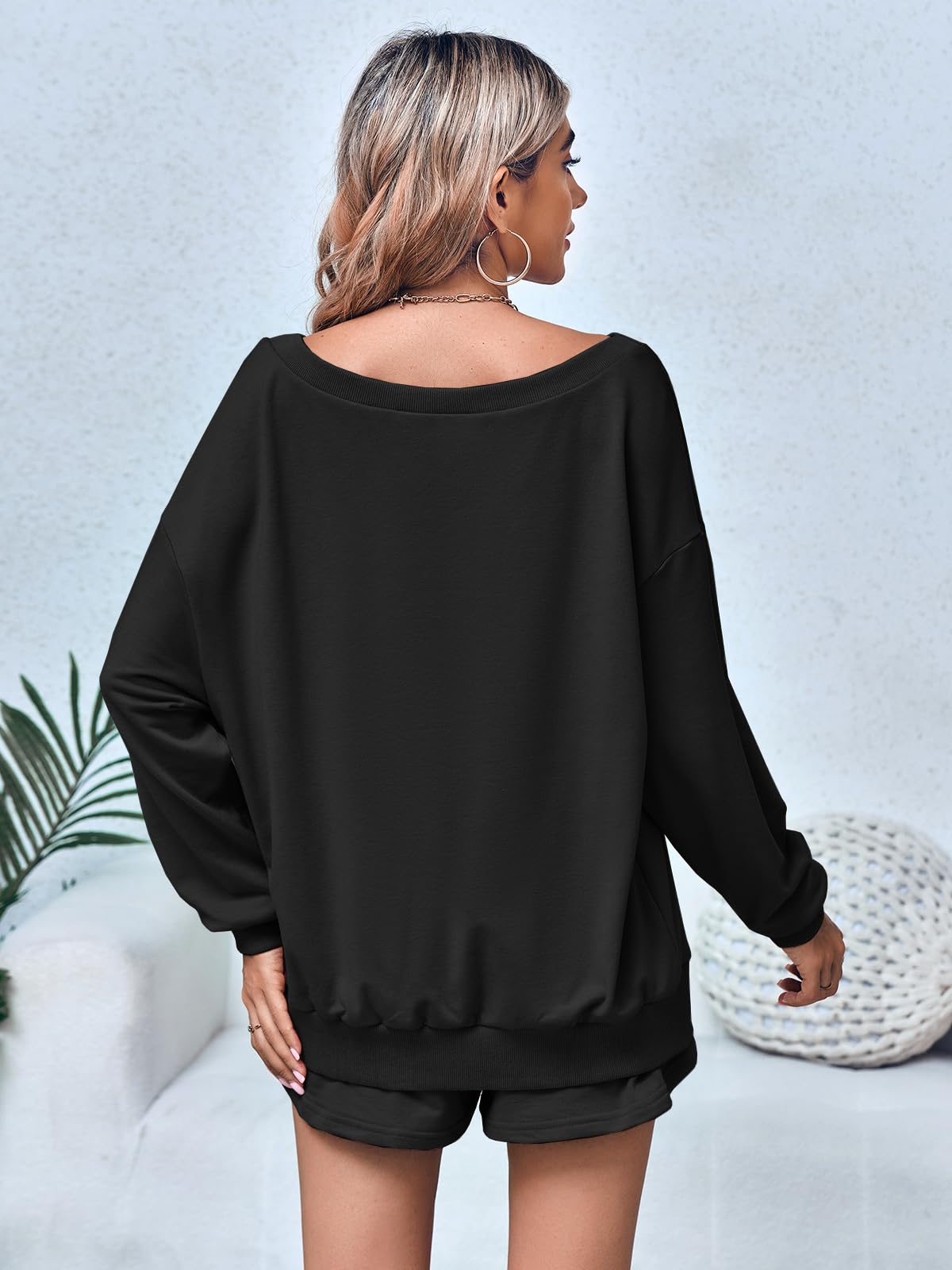 Fisoew Womens 2 Pieces Pajama Sets Long Sleeve Crop Top and Wide Leg Pants Set Black