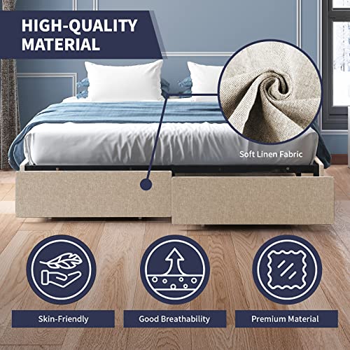 ijuicy Cal King Bed Frame with Storage Drawers.Upholstered Platform Bed Without Headboard,Wood Slat Support,Footboard with Drawer.No Box Spring Needed/Easy Assembly(Cal King,Beige)